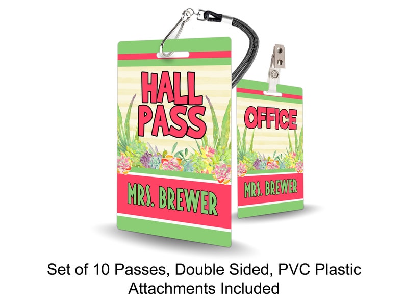 Succulent Theme Classroom Hall Passes for Teachers, Personalized, Hall ...