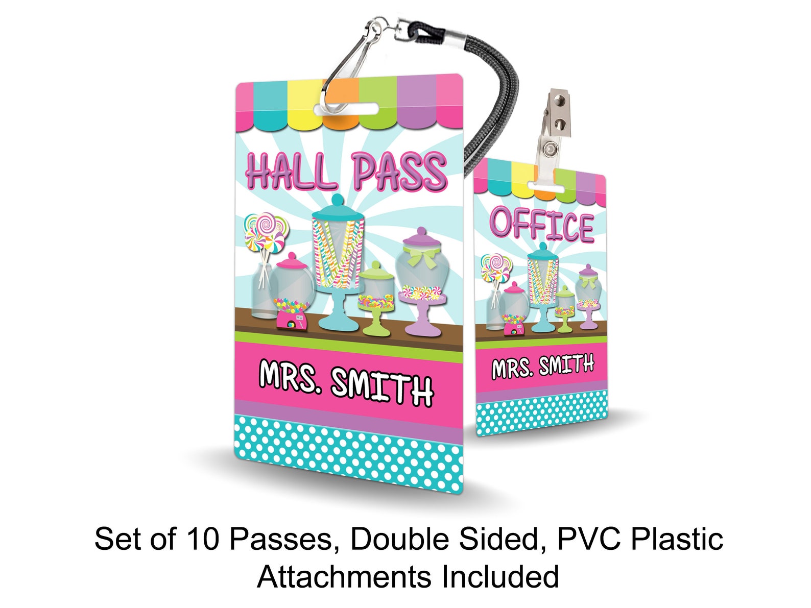 Candy Theme Classroom Hall Passes for Teachers, Personalized, Set of 10 ...