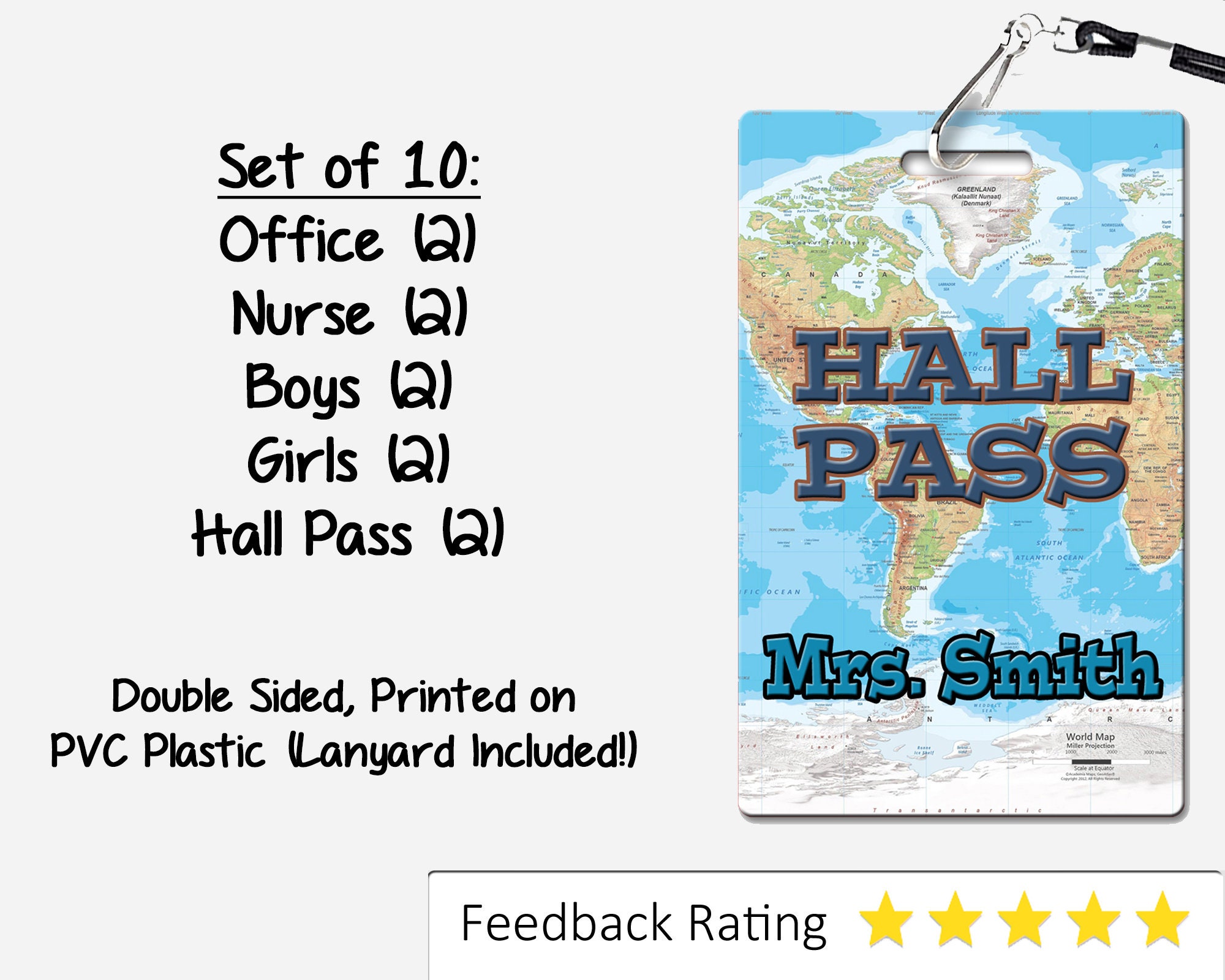 World Map Theme Classroom Hall Passes for Teachers, Personalized, Set ...