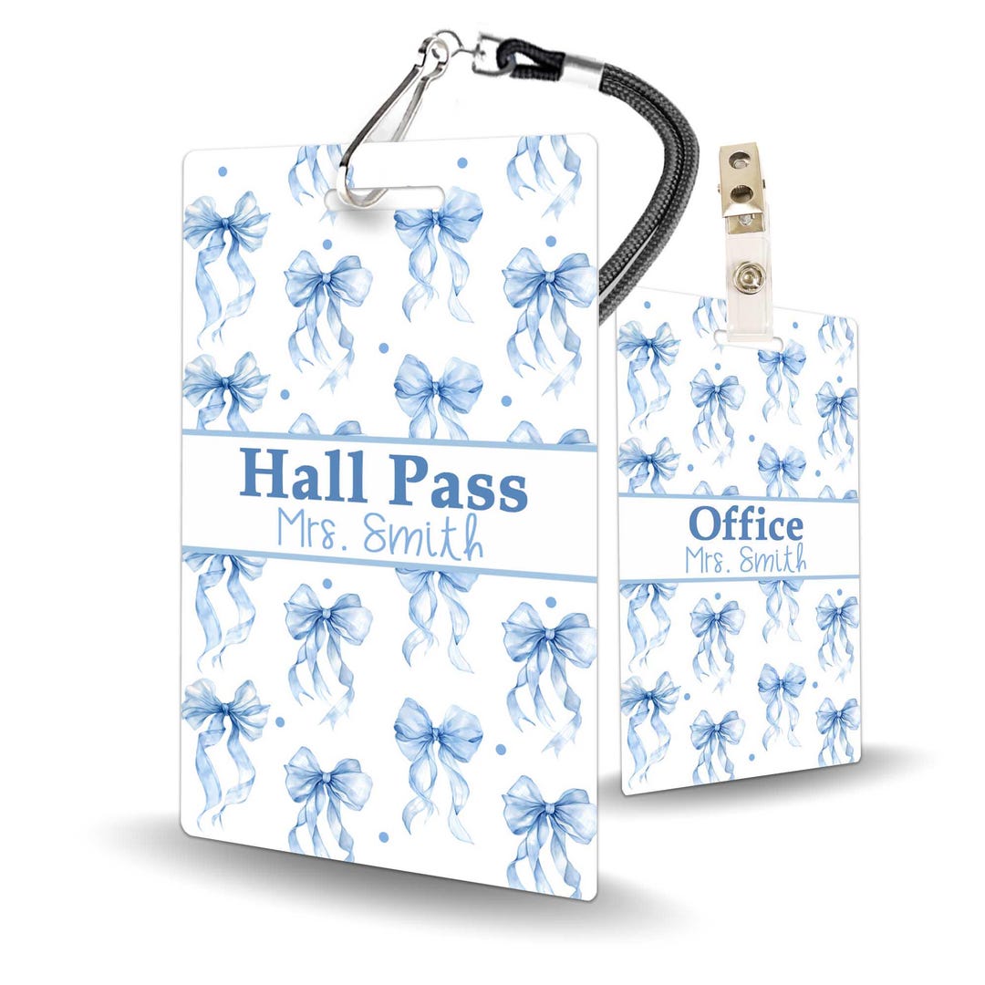Blue Bows Theme Classroom Hall Passes for Teachers, Personalized, Set ...