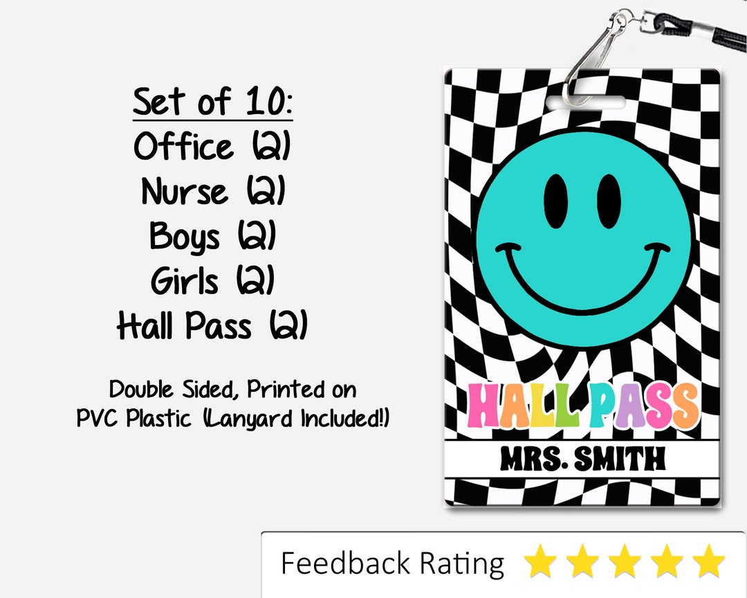 Smiley Face Theme Classroom Hall Passes for Teachers, Personalized, Set ...