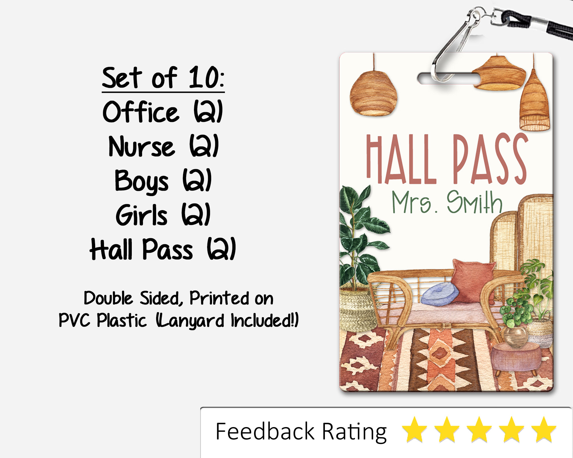 Modern Boho Theme Classroom Hall Passes for Teachers, Personalized, Set ...