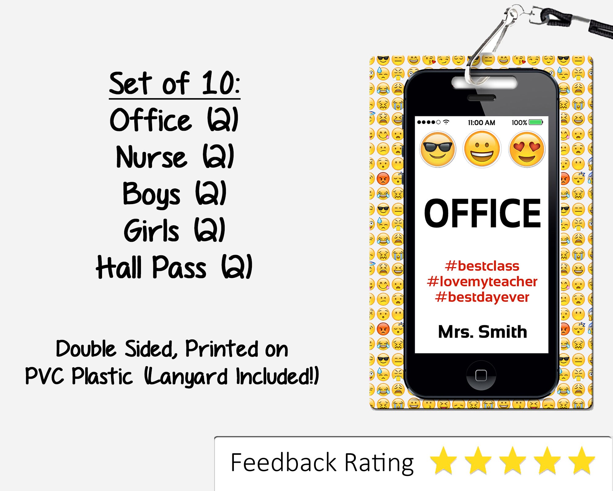 Emoji Theme Classroom Hall Passes for Teachers, Personalized, Set of 10 ...