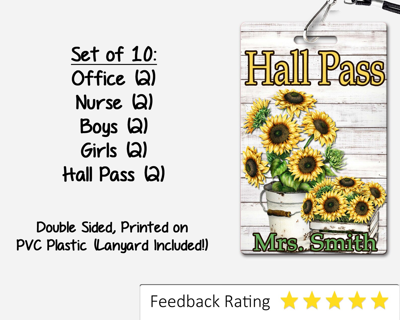 Sunflower Theme Classroom Hall Passes for Teachers, Personalized, Hall ...