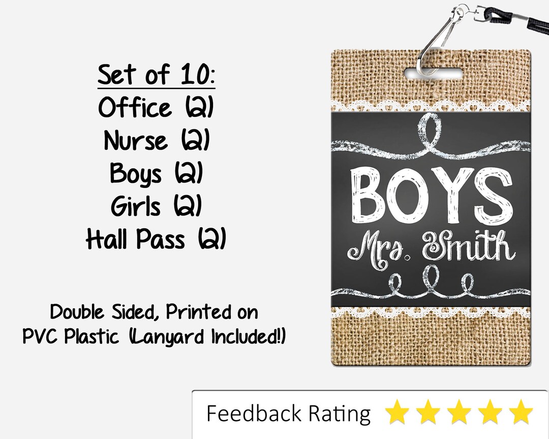 Burlap and Chalk Theme Classroom Hall Passes for Teachers, Personalized ...