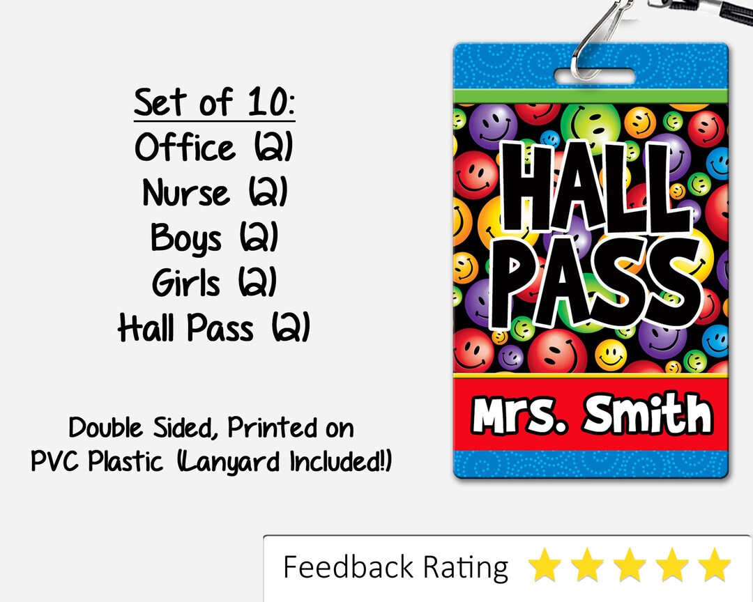 Smiley Theme Classroom Hall Passes for Teachers, Personalized, Hall ...