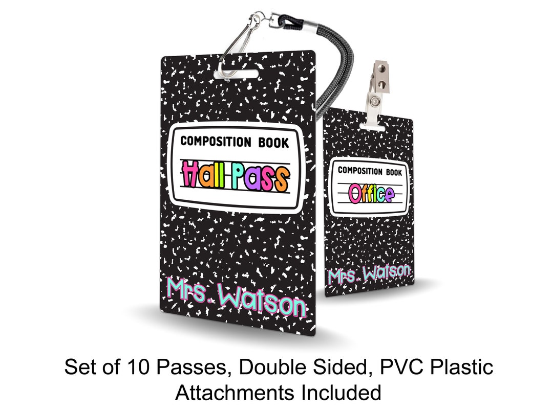 Composition Book Theme Classroom Hall Passes for Teachers, Personalized ...