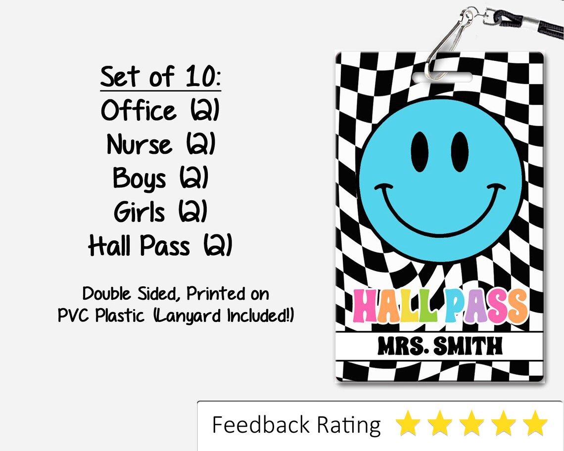 Smiley Face Theme Classroom Hall Passes for Teachers, Personalized, Set ...