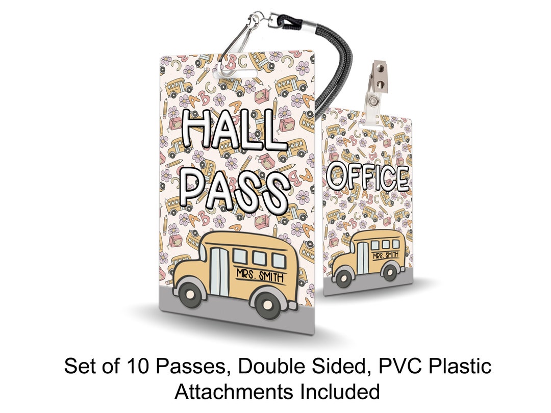 School Bus Theme Classroom Hall Passes for Teachers, Personalized, Set ...