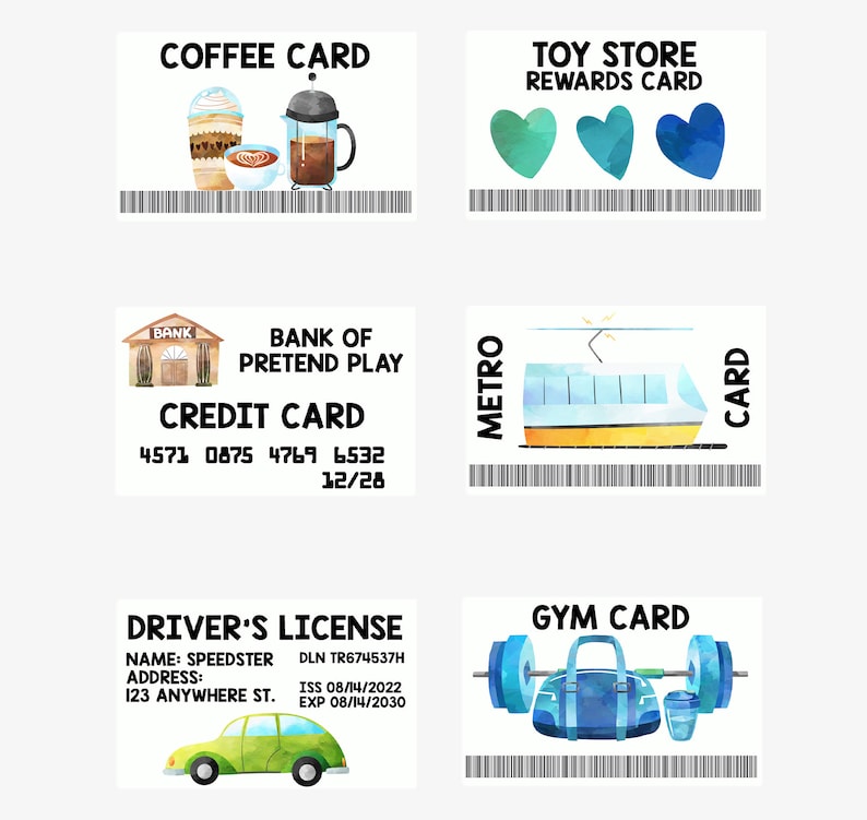 Dramatic Play Wallet Card Set 6 Cards Pretend Play Kids - Etsy