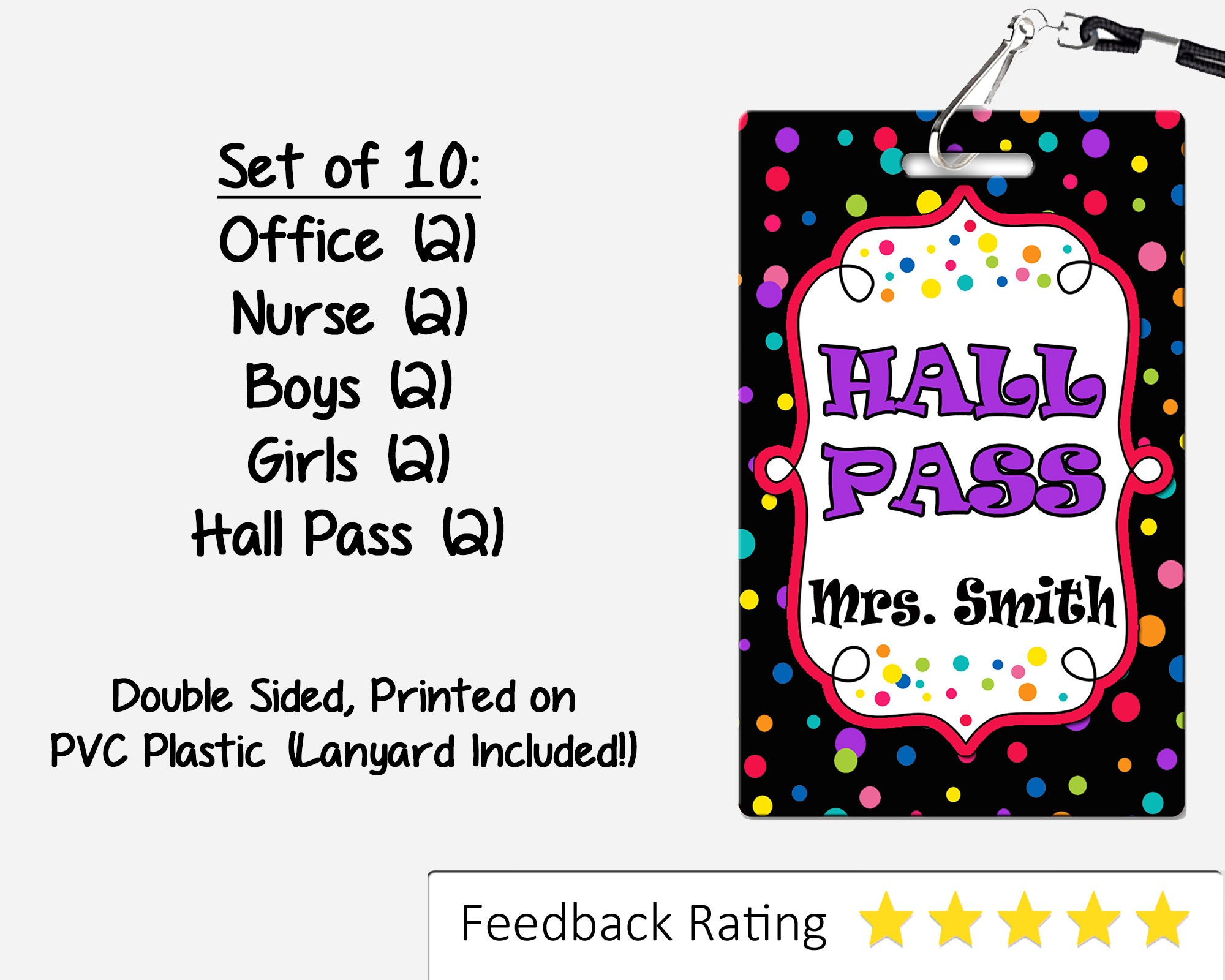 Dots Theme Classroom Hall Passes for Teachers, Personalized, Set of 10 ...