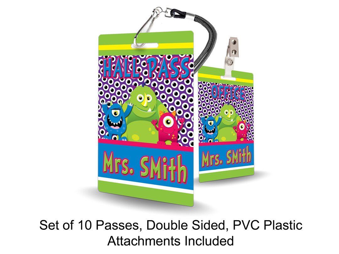 Monsters Theme Classroom Hall Passes for Teachers, Personalized, Set of ...