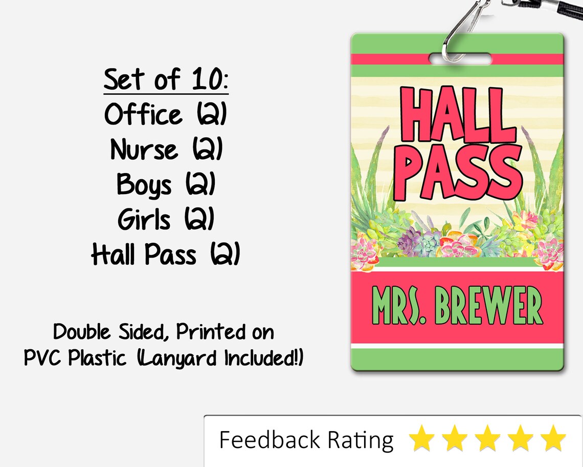 Succulent Theme Classroom Hall Passes for Teachers, Personalized, Hall ...