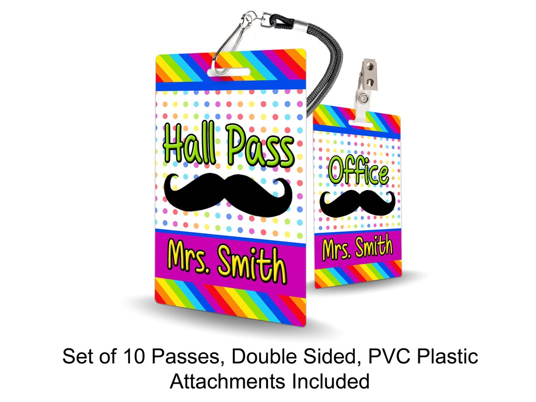 Mustache Theme Classroom Hall Passes for Teachers, Personalized, Set of ...