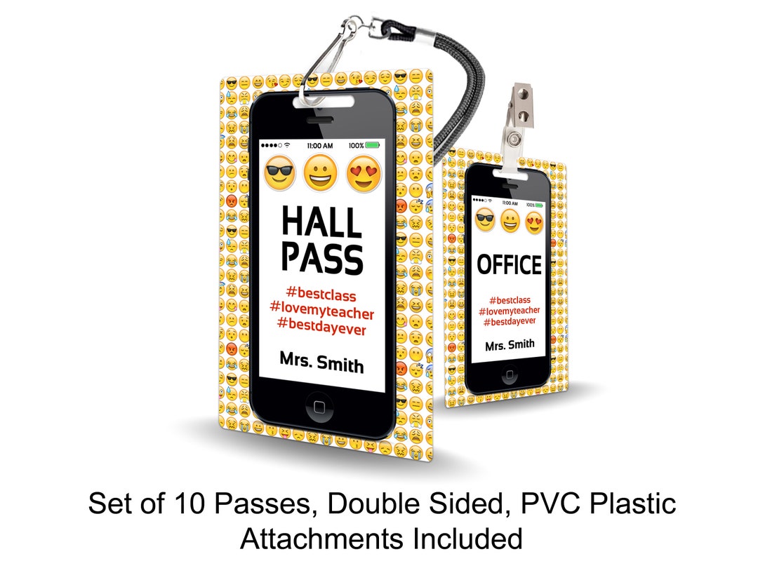 Emoji Theme Classroom Hall Passes for Teachers, Personalized, Set of 10 ...