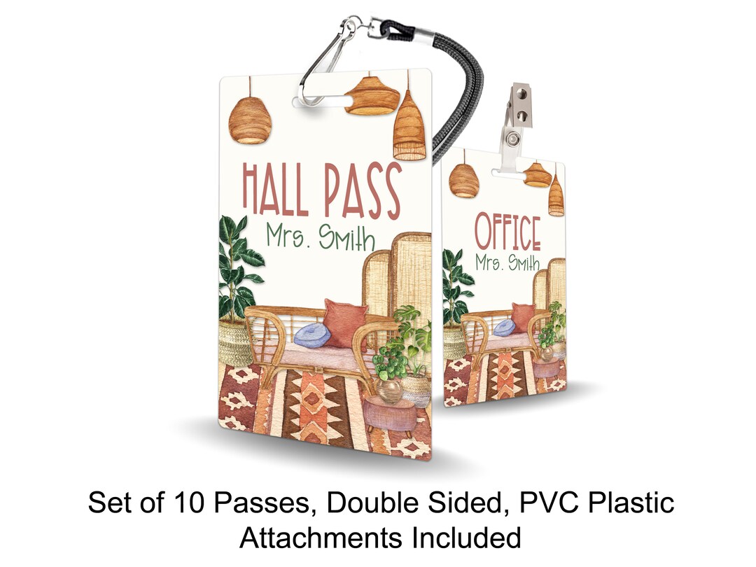 Modern Boho Theme Classroom Hall Passes for Teachers, Personalized, Set ...