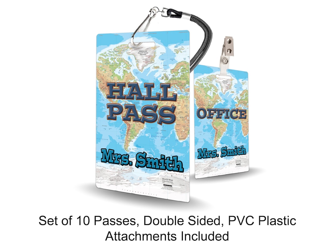 World Map Theme Classroom Hall Passes for Teachers, Personalized, Set ...