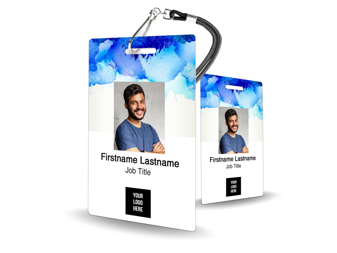 Blue Watercolor Staff ID Badge - Custom Name Tag, Personalized Employee ...