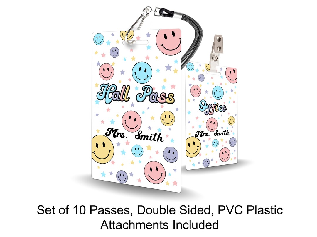 Smiley Face Theme Classroom Hall Passes for Teachers, Personalized, Set ...