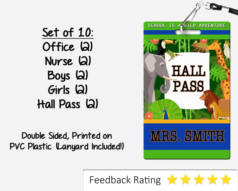 Zoo Theme Classroom Hall Passes for Teachers, Personalized, Set of 10 ...