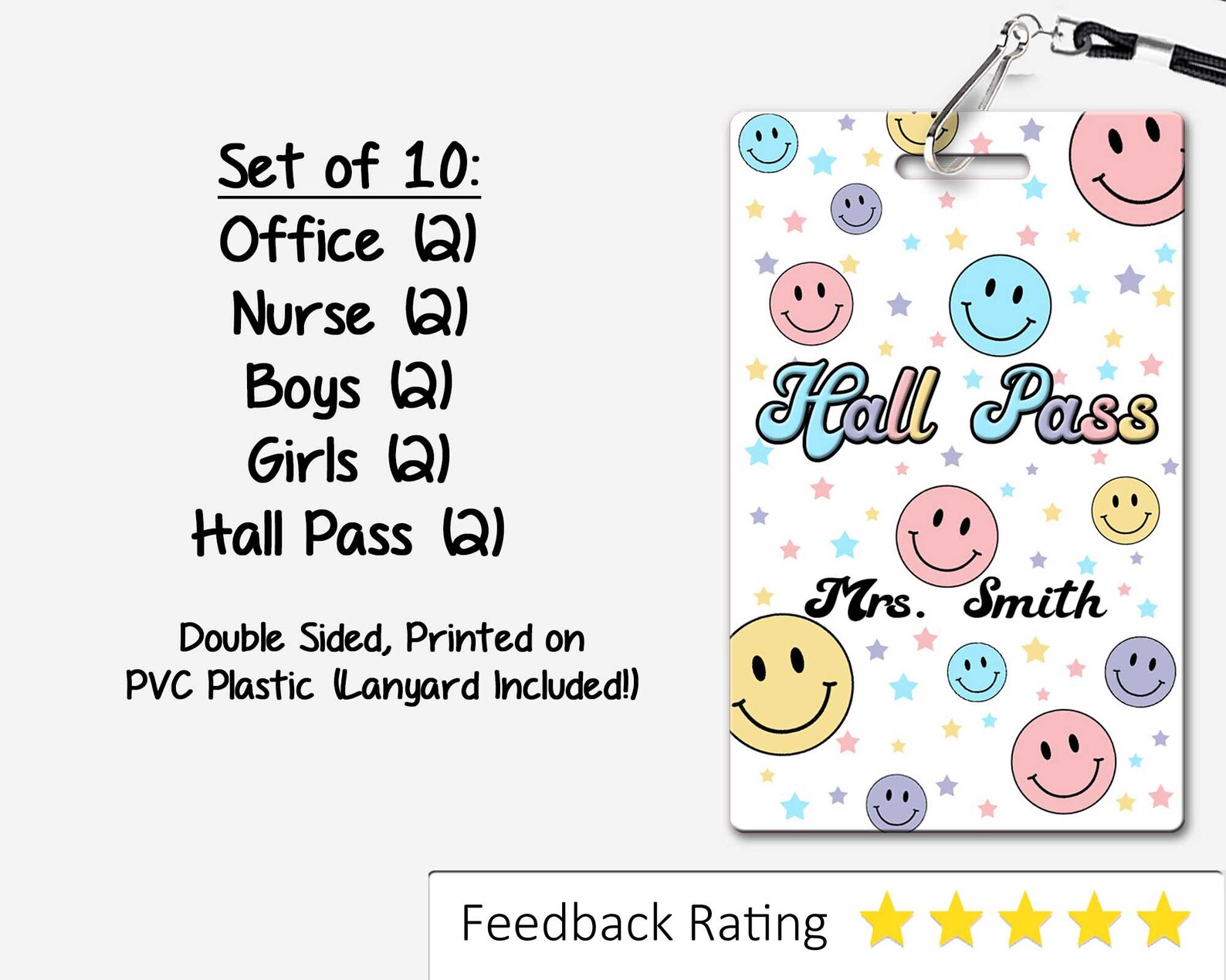 Smiley Face Theme Classroom Hall Passes for Teachers, Personalized, Set ...