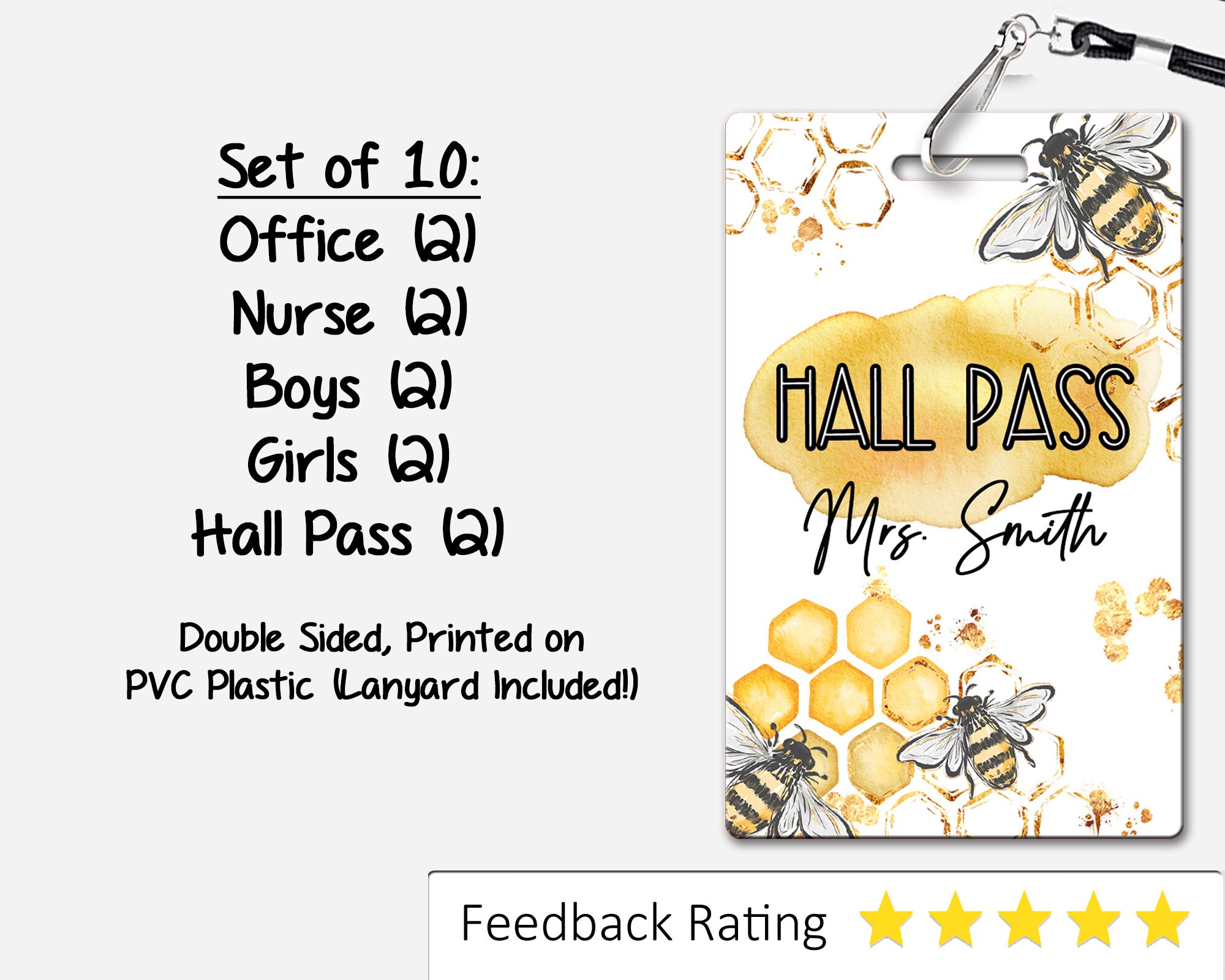 Bee Theme Classroom Hall Passes for Teachers, Personalized, Set of 10 ...