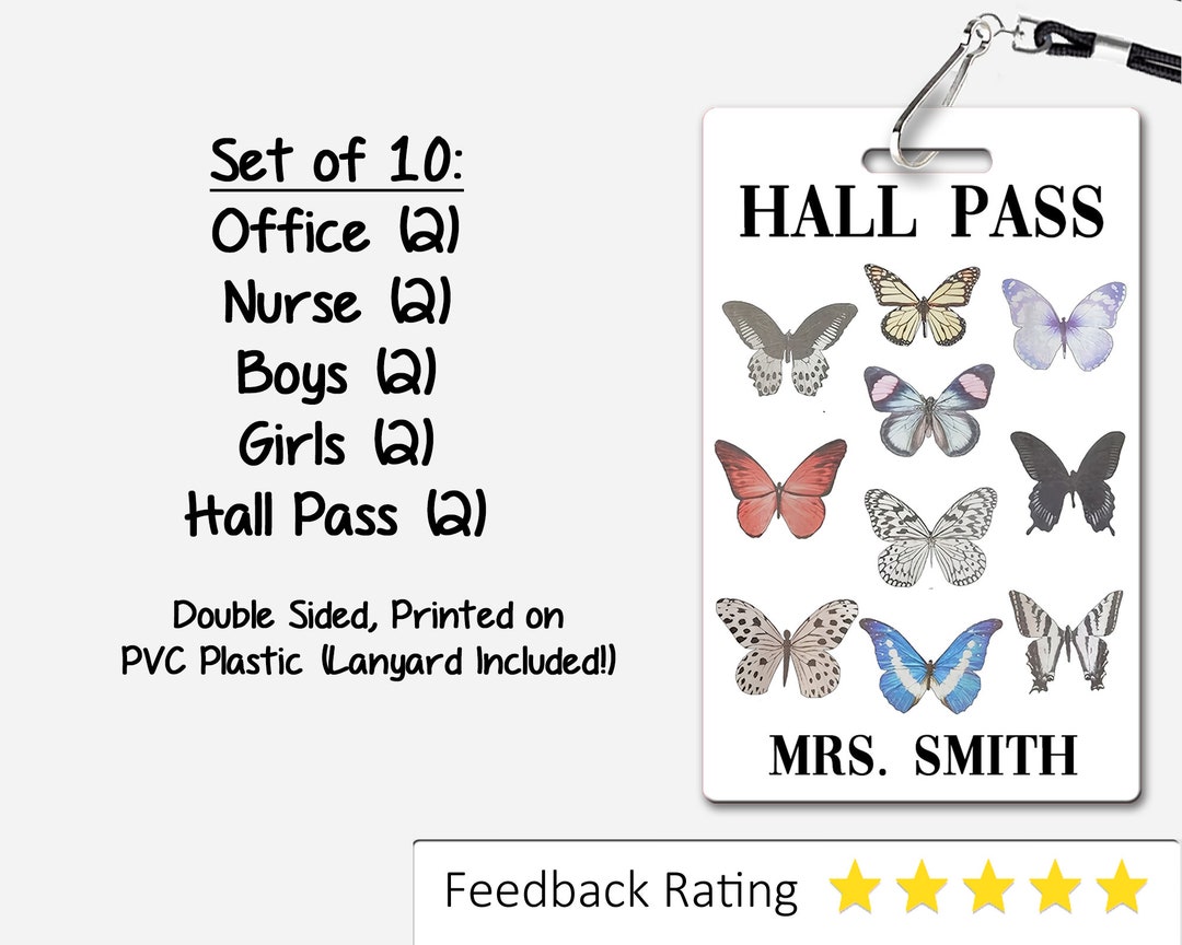 Butterfly Theme Classroom Hall Passes for Teachers, Personalized, Set ...