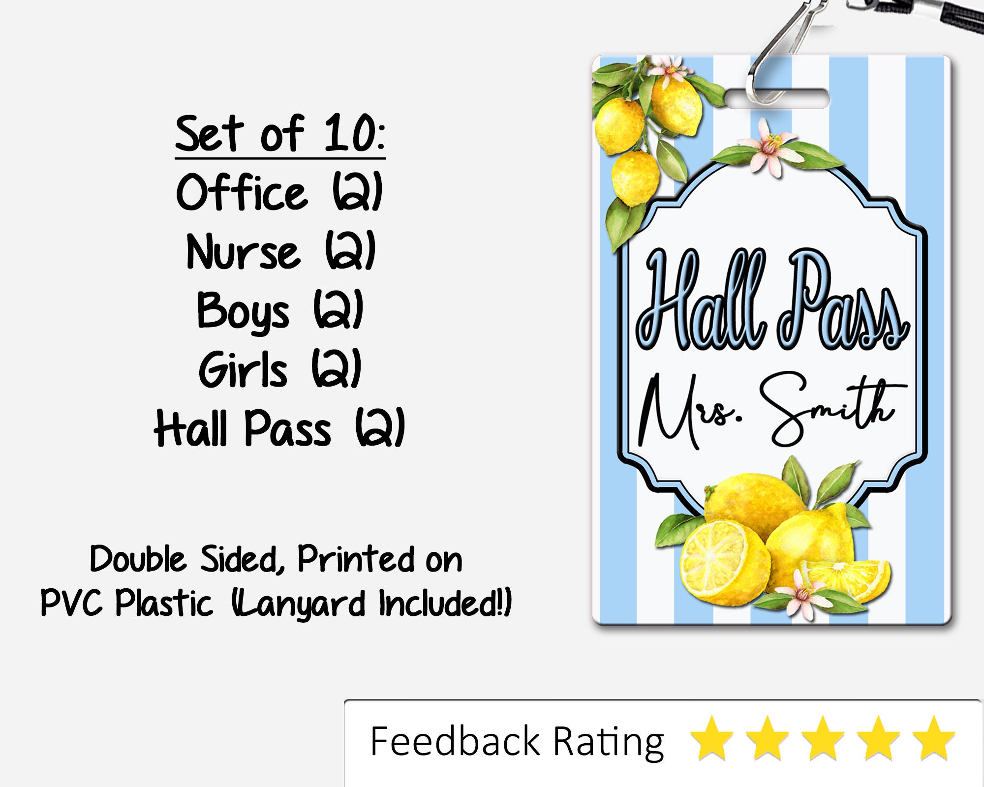 Lemons Theme Classroom Hall Passes for Teachers, Personalized, Hall ...
