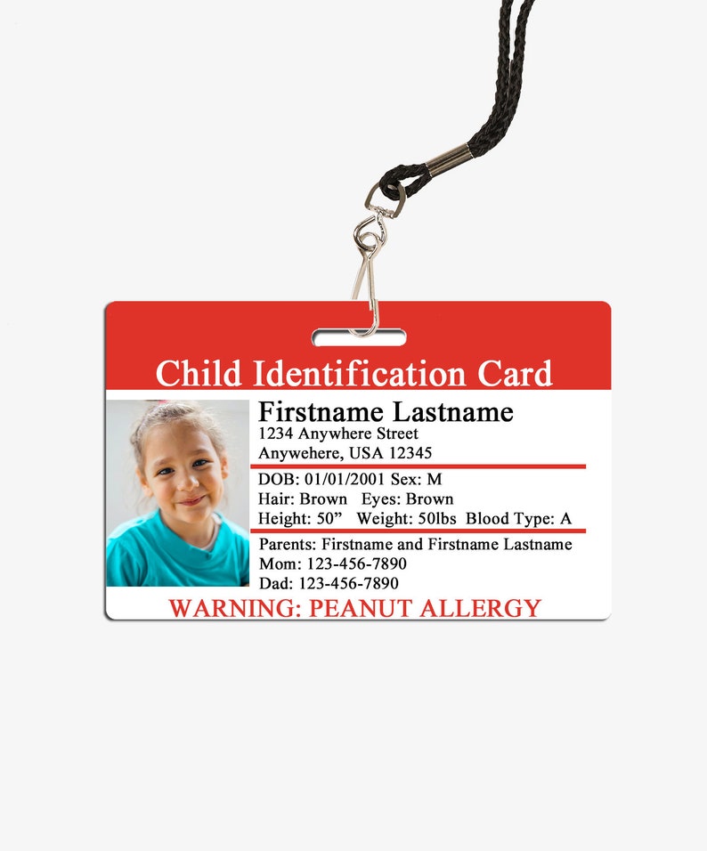 Child Identification, Lost Child Card - Child ID, Safety, Emergency ...