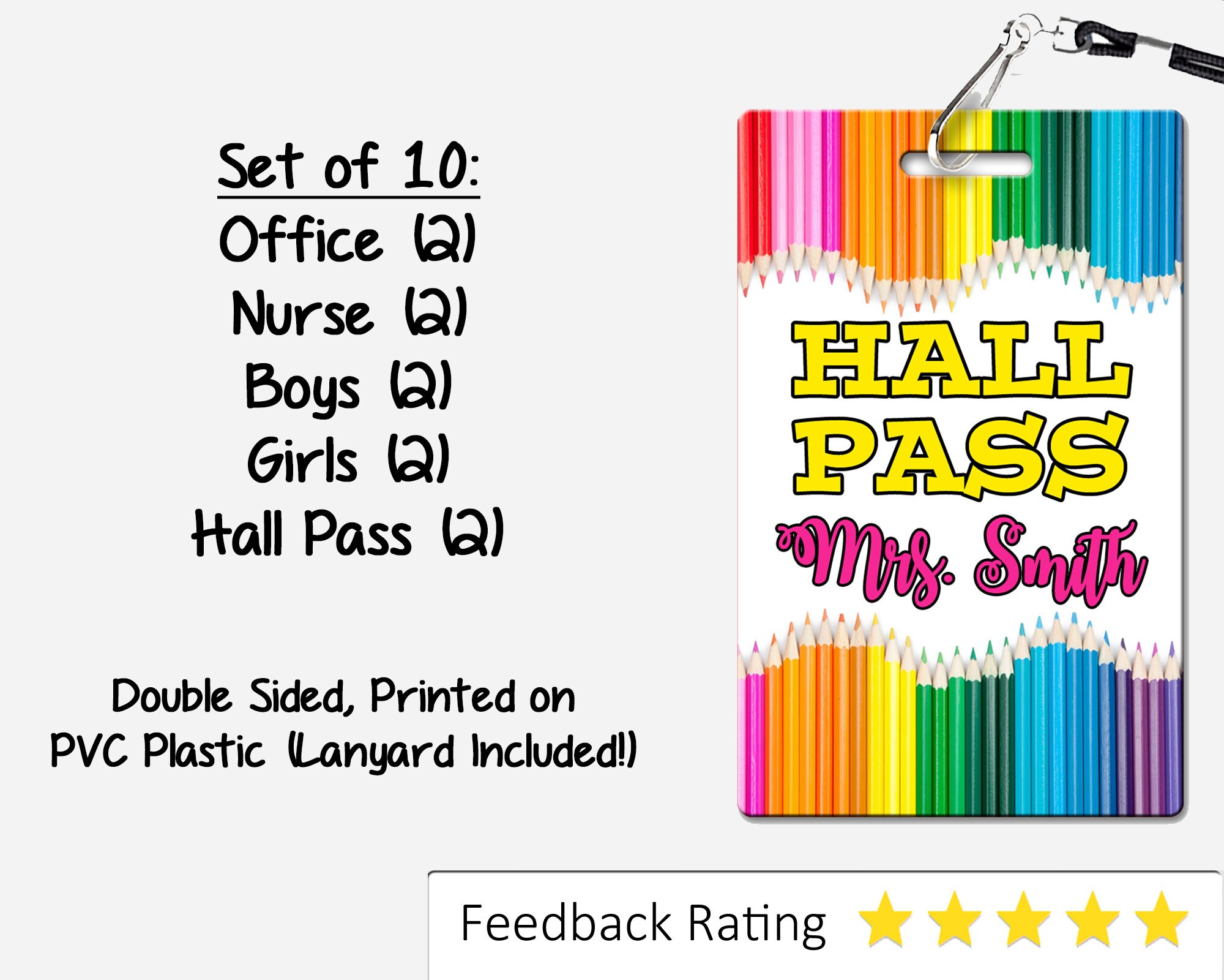 Pencil Theme Classroom Hall Passes for Teachers, Personalized, Set of ...