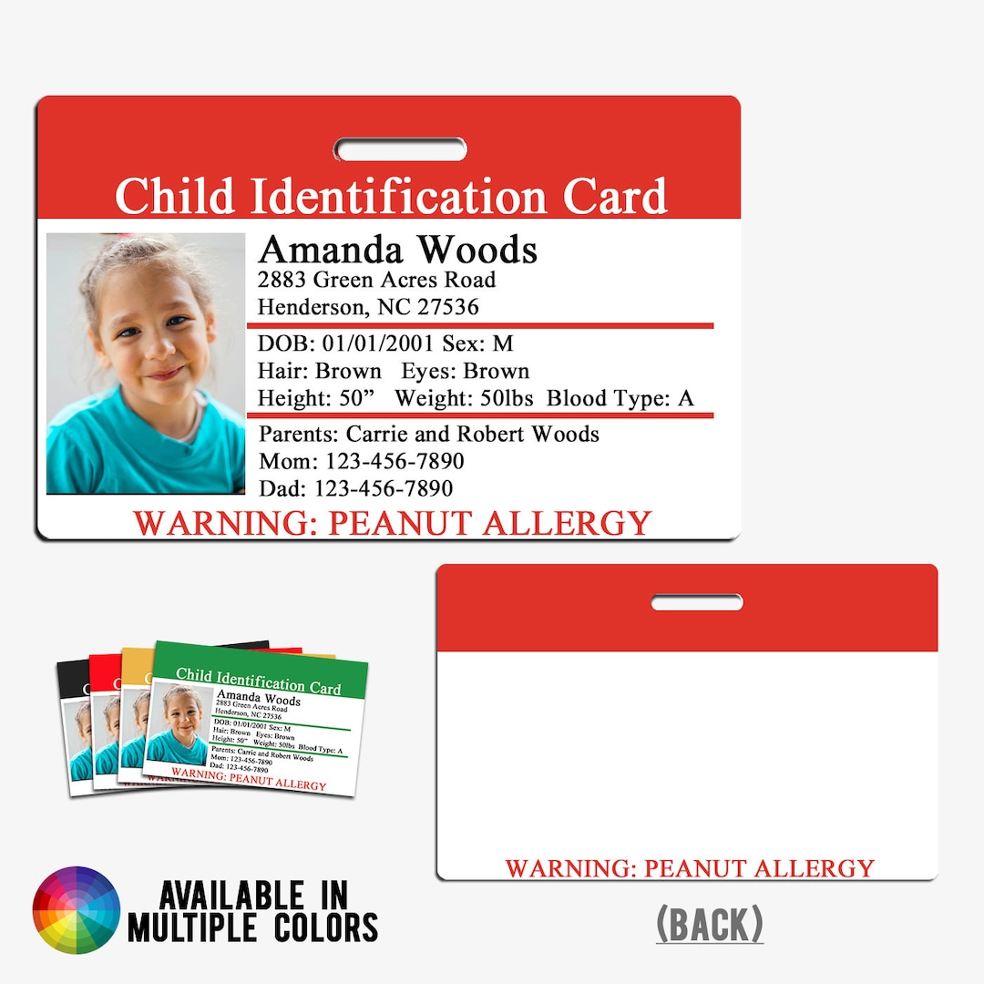 Child Identification, Lost Child Card Child ID, Safety, Emergency, Lost ...