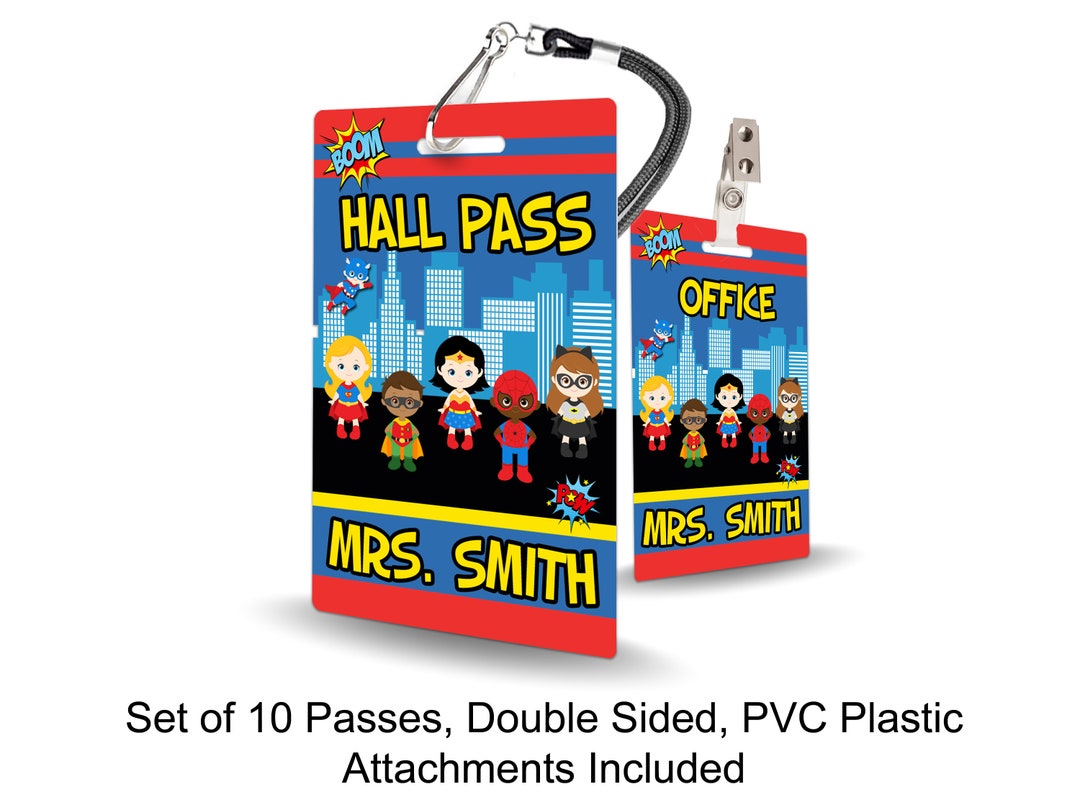 Superhero Theme Classroom Hall Passes for Teachers, Personalized, Set ...