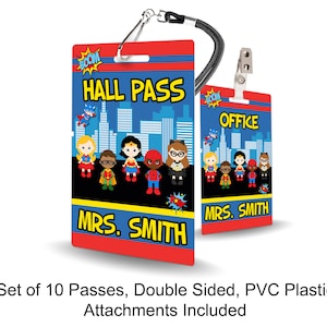 Superhero Theme Classroom Hall Passes for Teachers, Personalized, Set ...