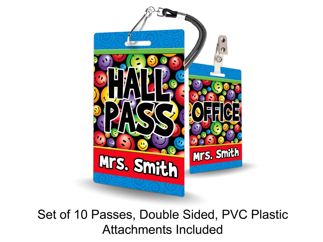 Smiley Theme Classroom Hall Passes for Teachers, Personalized, Hall ...