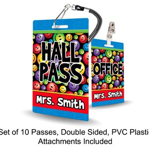 Smiley Theme Classroom Hall Passes for Teachers, Personalized, Hall ...