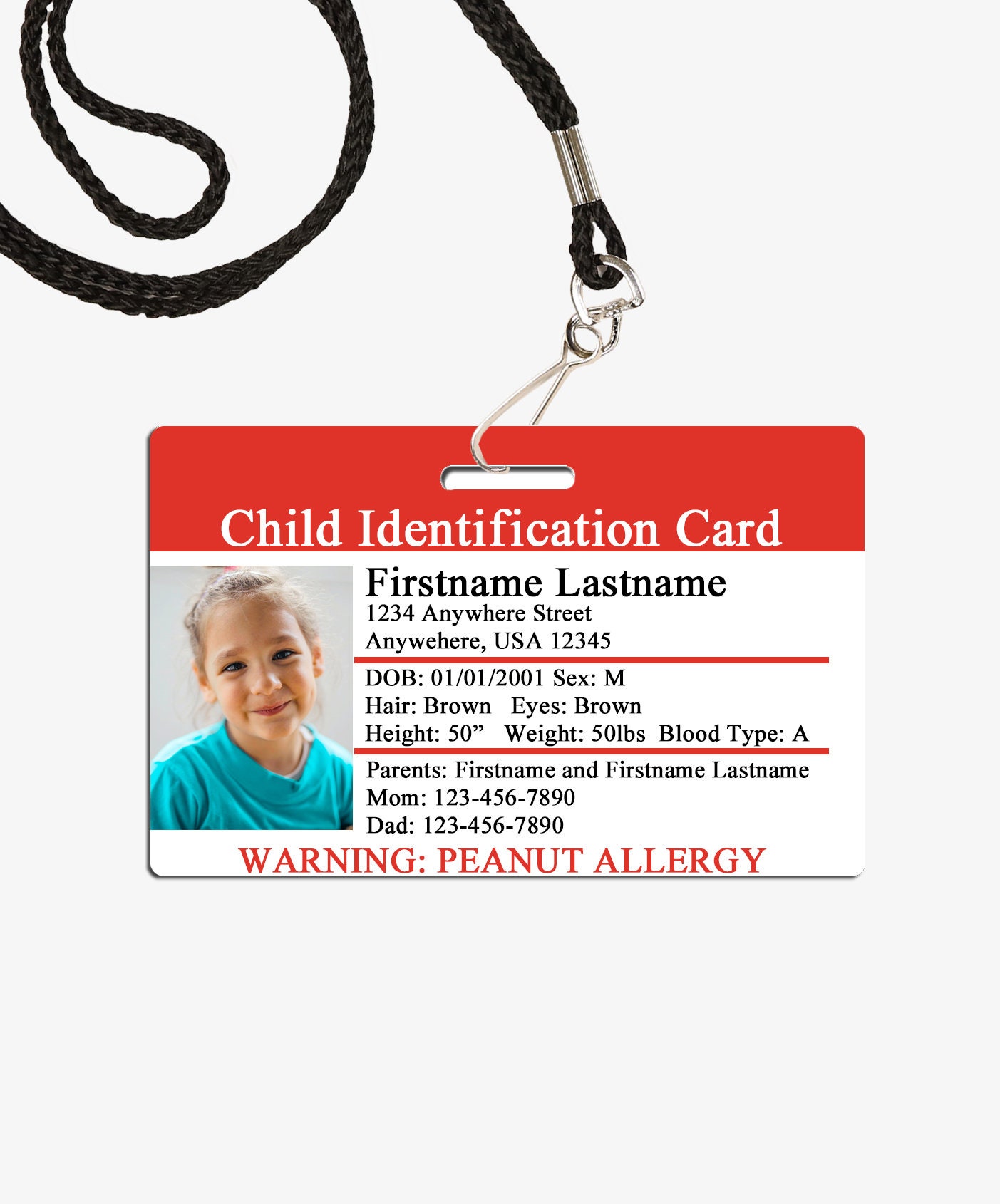 Child Identification, Lost Child Card - Child ID, Safety, Emergency ...