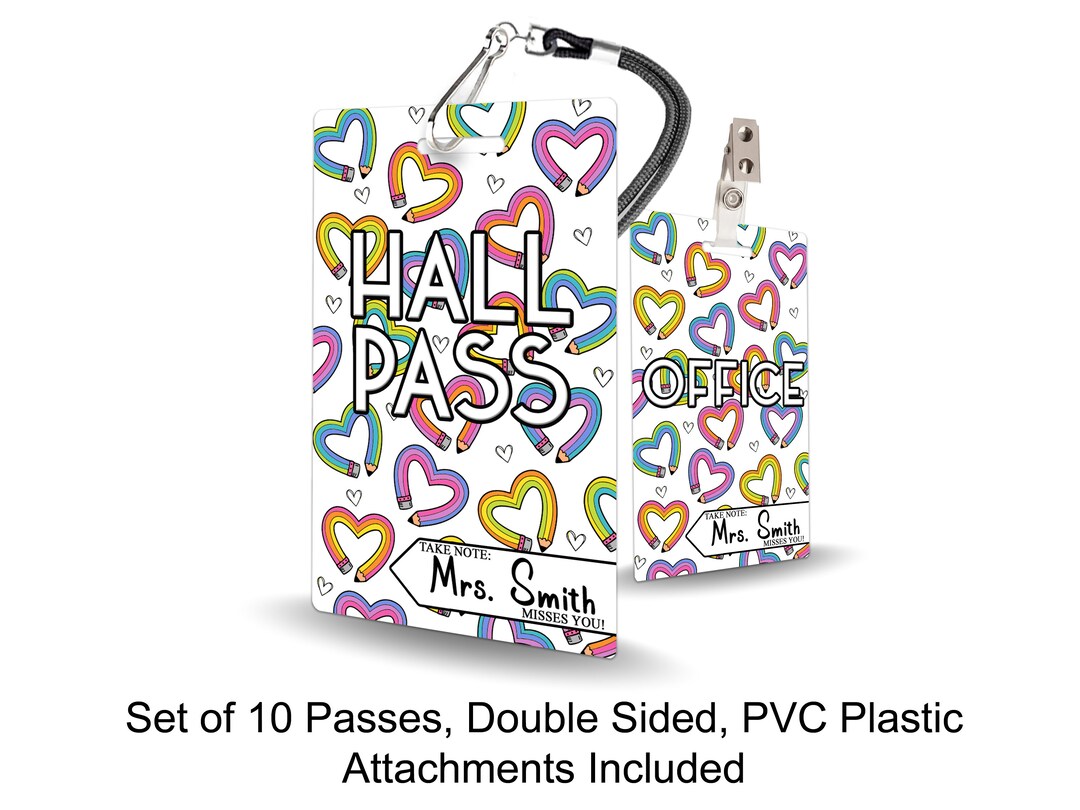 Pencil Hearts Theme Classroom Hall Passes for Teachers, Personalized ...