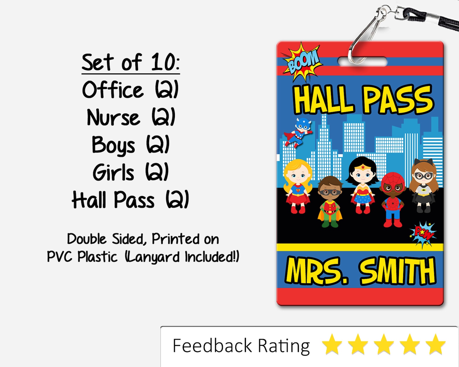 Superhero Theme Classroom Hall Passes for Teachers, Personalized, Set ...