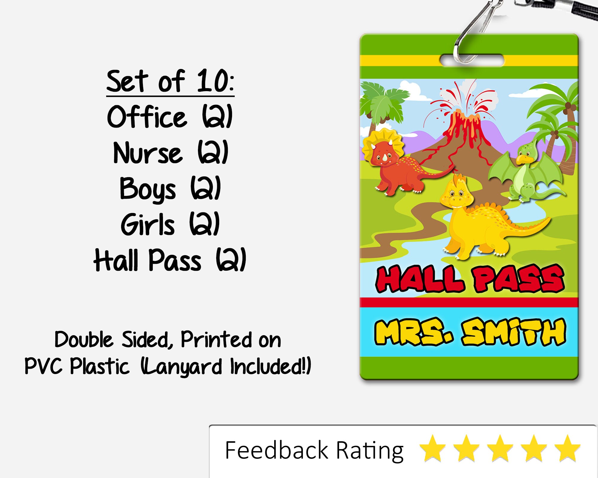 Dinosaur Theme Classroom Hall Passes for Teachers, Personalized, Hall ...
