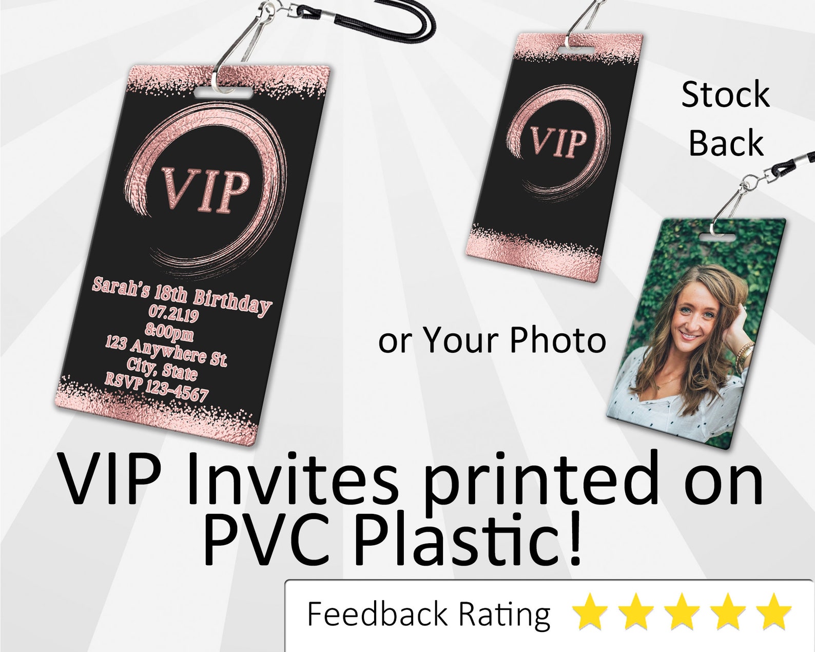 Rose Gold VIP Pass Birthday Invitation PLASTIC Rose Gold VIP Pass ...