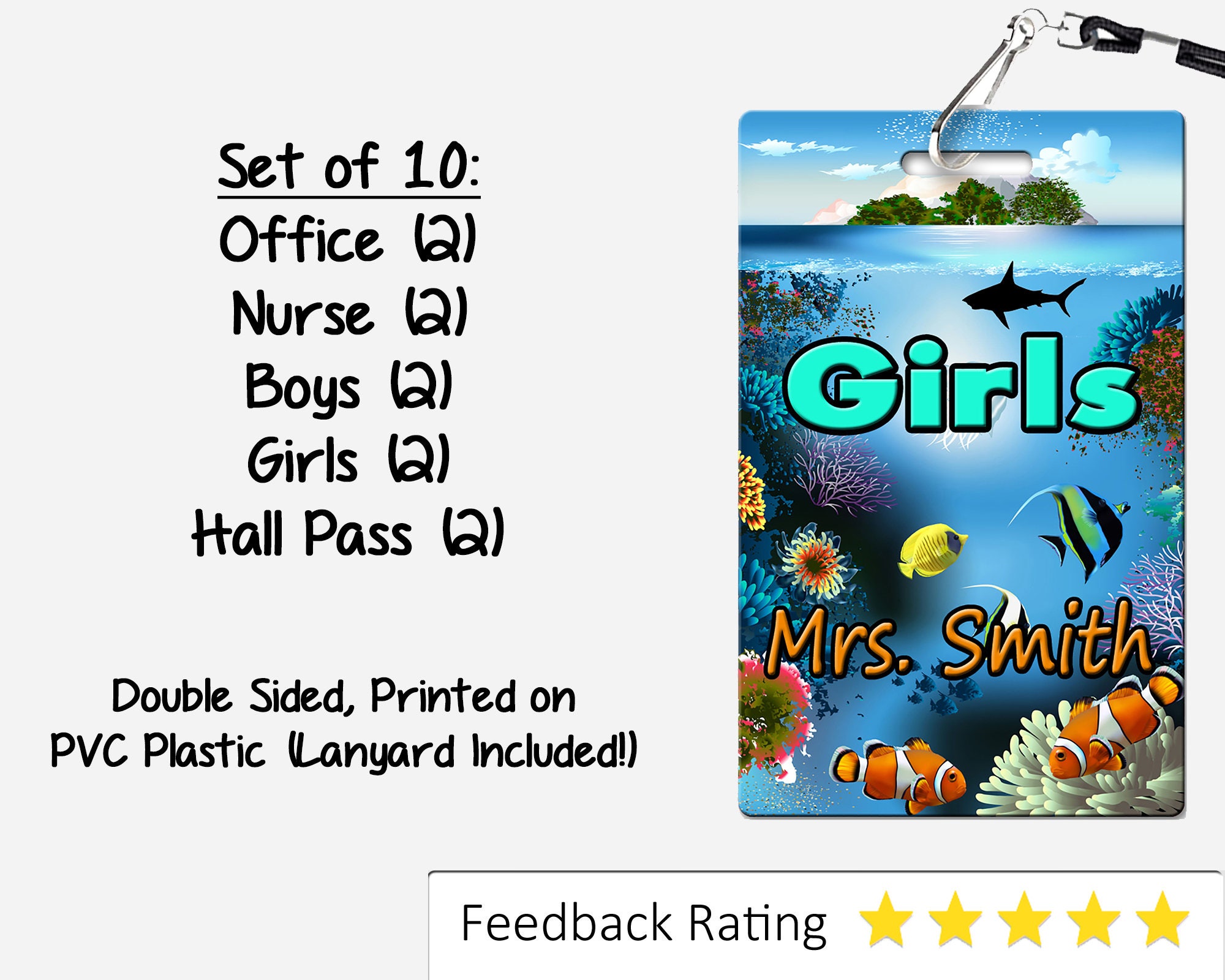 Shark Theme Classroom Hall Passes for Teachers, Personalized, Set of 10 ...