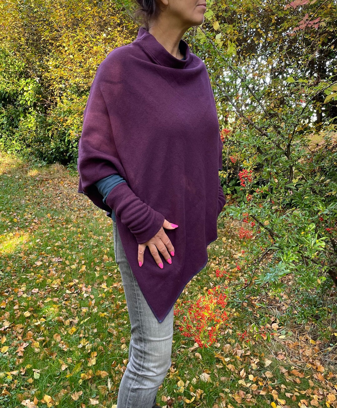 Poncho Cotton Knitted Cloak Scarf Cape Throw Soft Purple Berry Beige ...