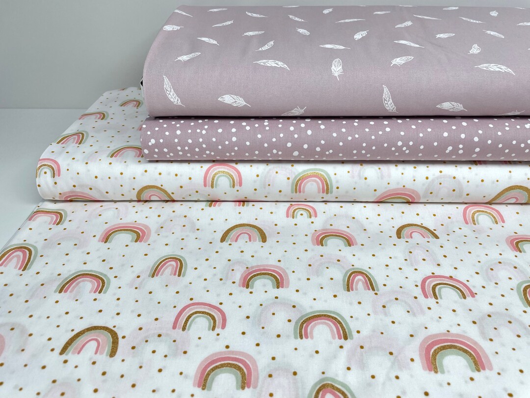 Cotton Fabric Pink Patchwork Fabric Cotton Rainbow Gold Glitter Dusty Pink Dots Feathers - Etsy