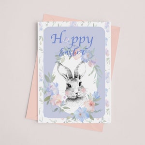 Digital Happy Easter Bunny Card in Pink and Blue With Flower Background ...