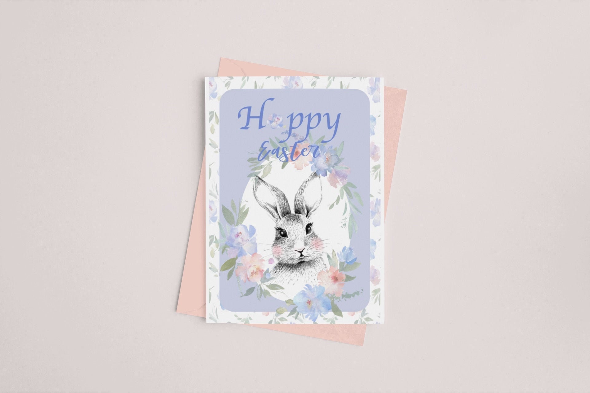 Digital Happy Easter Bunny Card in Pink and Blue With Flower Background ...