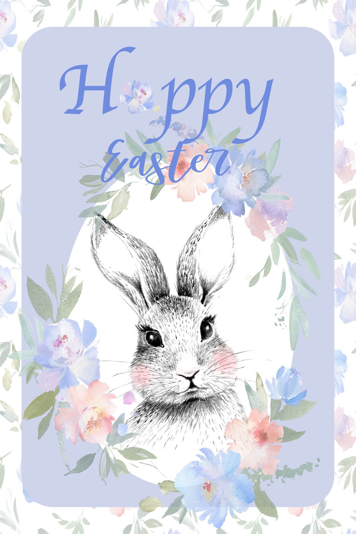 Digital Happy Easter Bunny Card in Pink and Blue With Flower Background ...