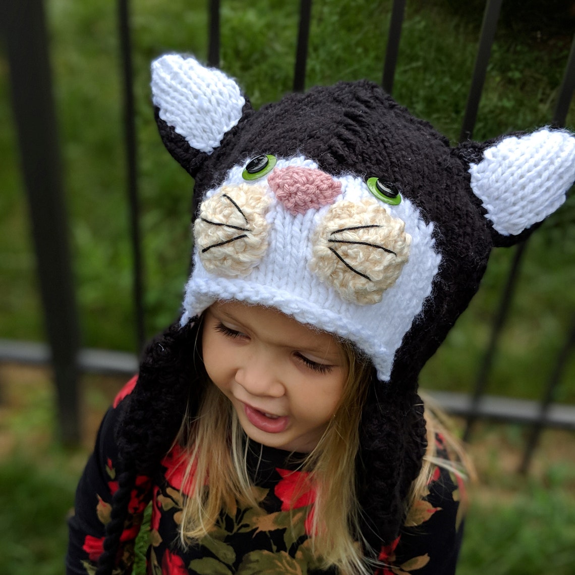 Hand Knit Black Cat Hat Fully Lined With Ear Flaps & Tassels - Etsy
