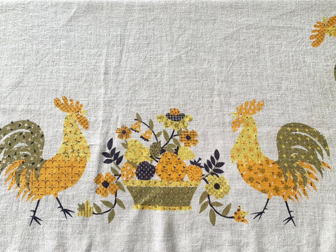Luther Travis Rooster Floral Tablecloth Vintage Printed Cotton Country ...