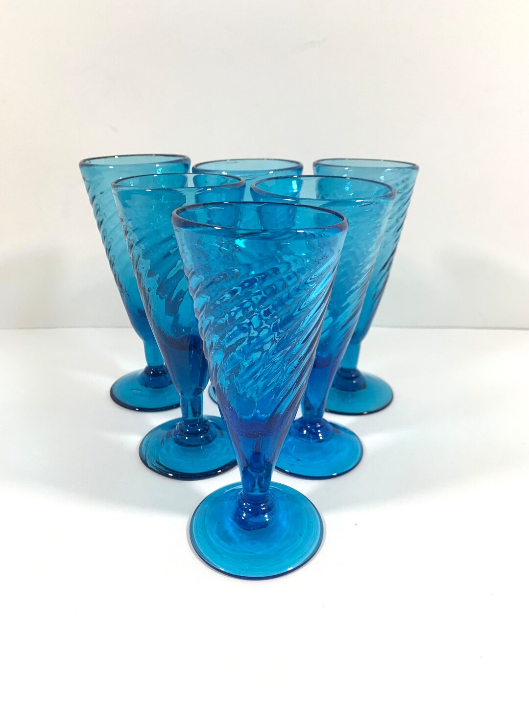 Blue Swirl Wine Glass Goblets Vintage Blue Glassware Set of Six - Etsy