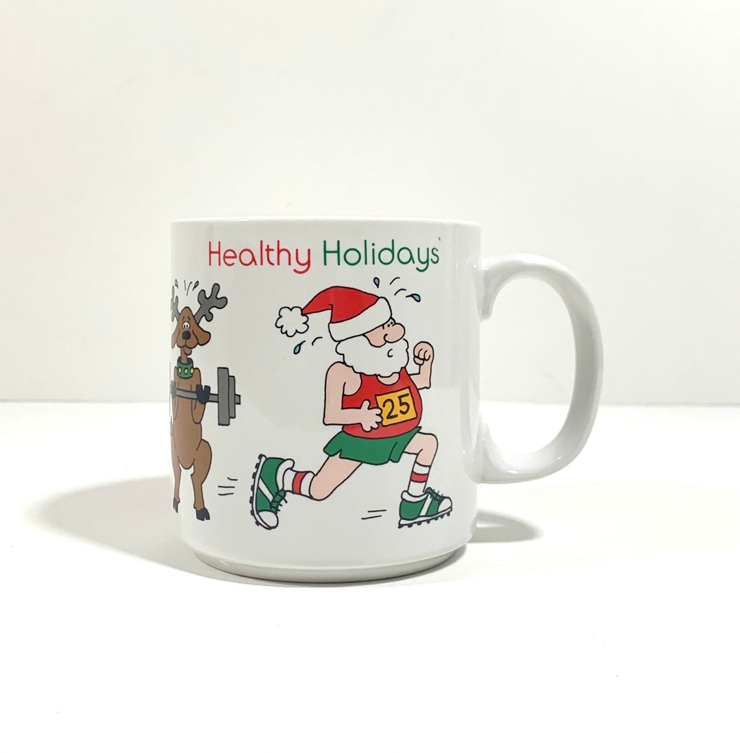 Santa Running Reindeer Working Out Coffee Cup Mug Vintage Russ - Etsy ...